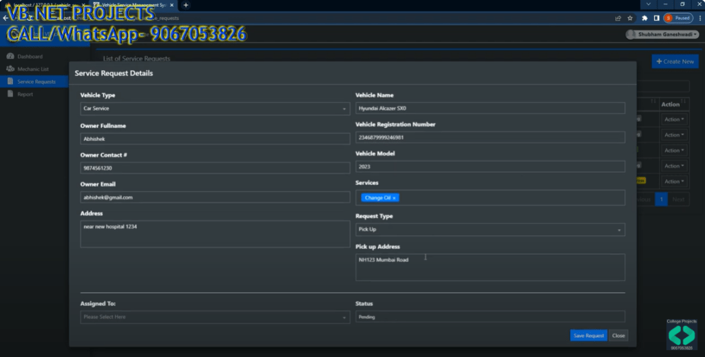 On-Road Vehicle Service Management System Project In PHP